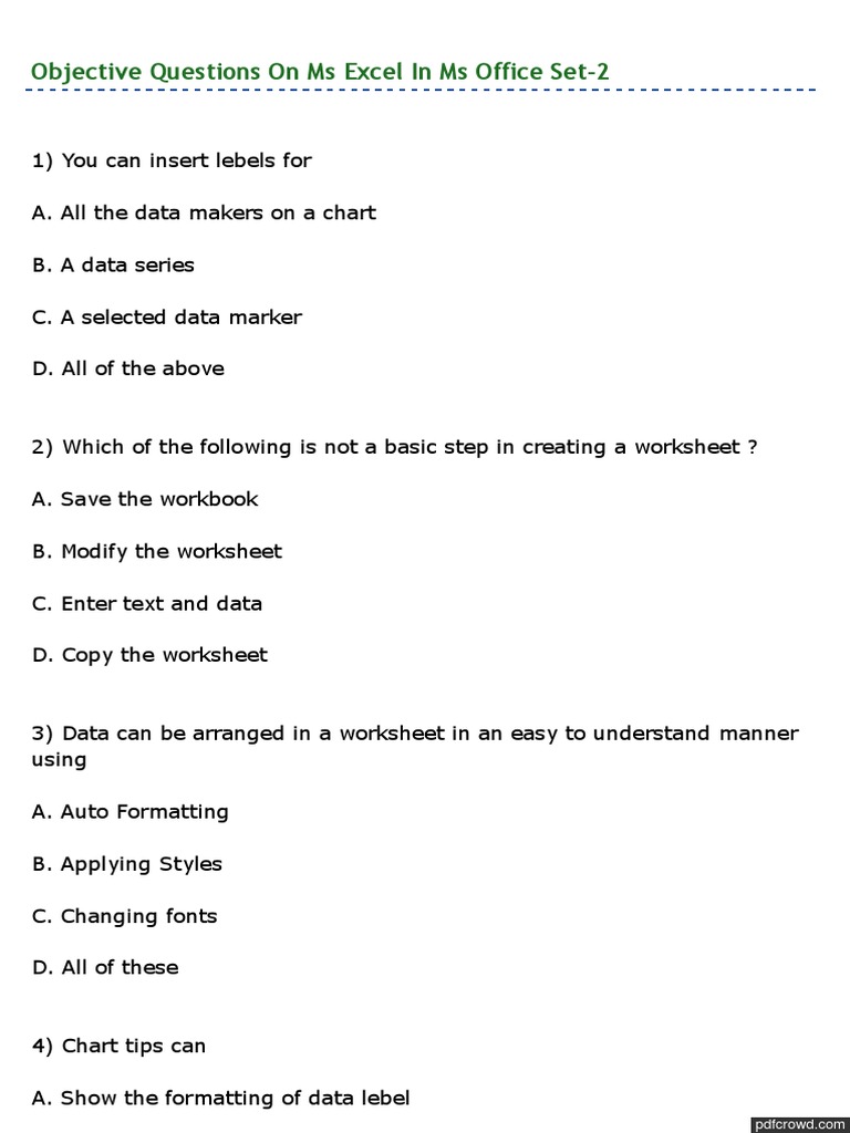 Objective Questions On Ms Excel Pdf Microsoft Excel Application Software 