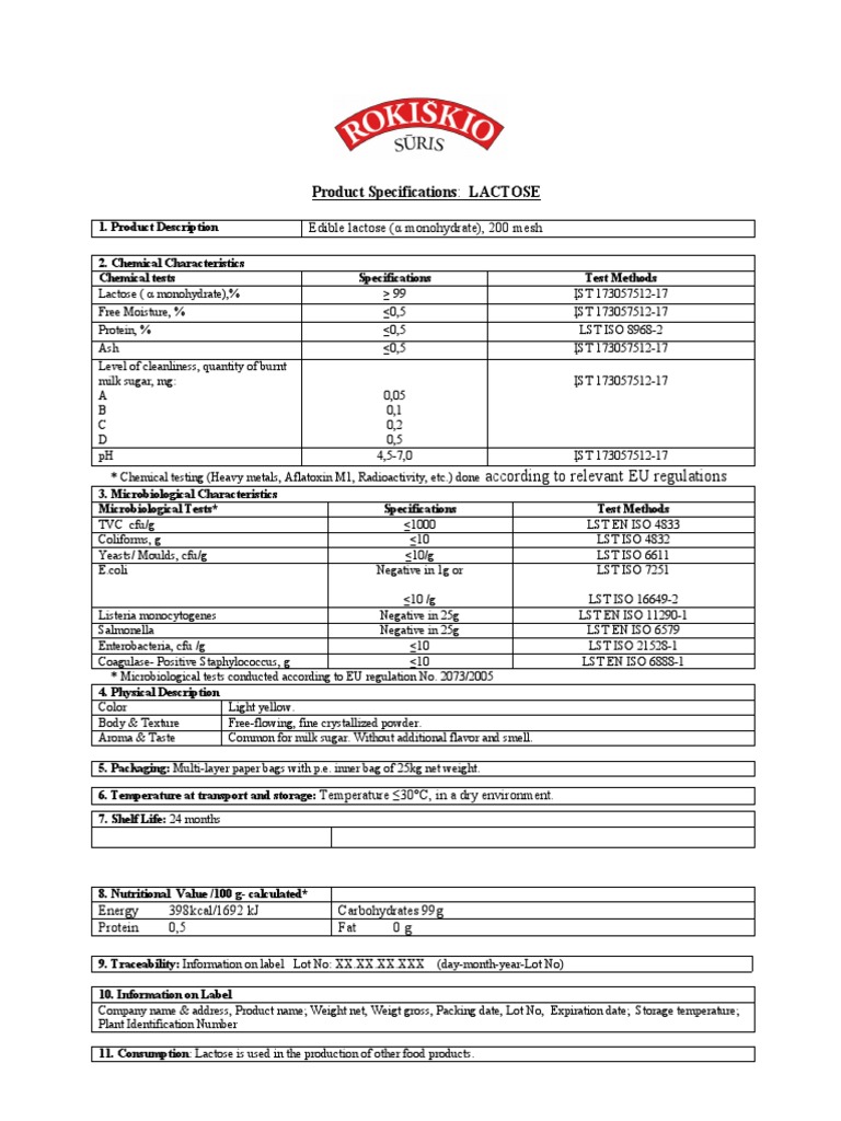 Lactose Monohydrate Specifications | PDF | Milk | Shelf Life