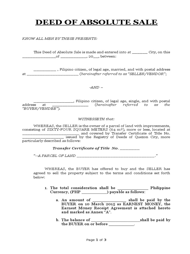 Deed of Absolute Sale Template | PDF | Deed | Taxes
