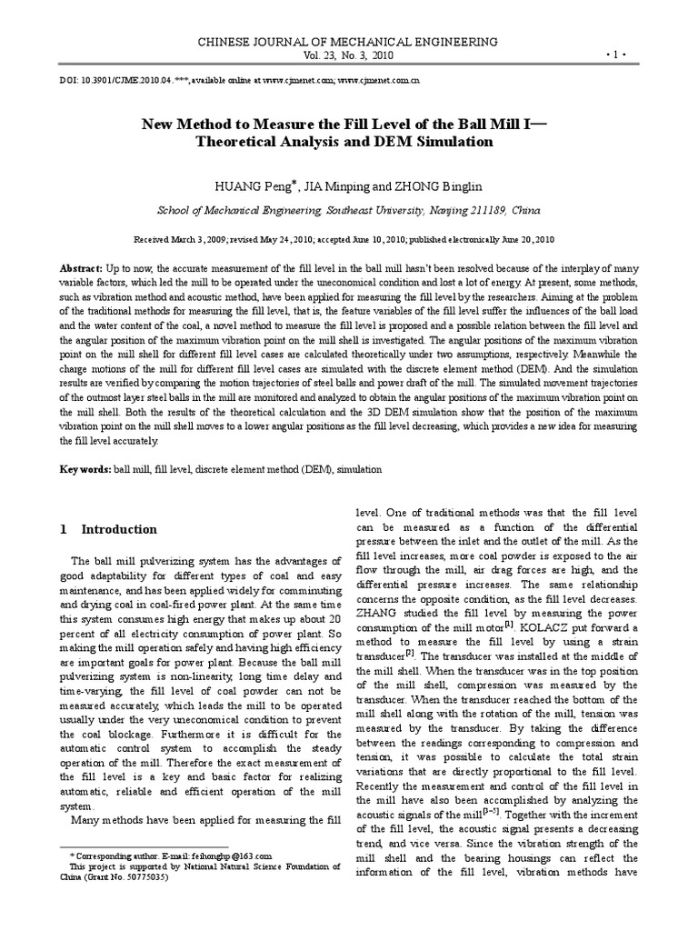 New Method To Measure The Fill Level of The Ball Mill I - Theoretical ...