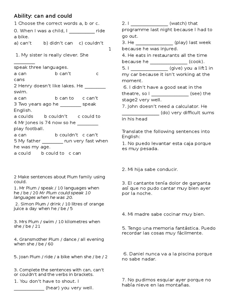 "Can and Could: Grammar Exercises" | PDF