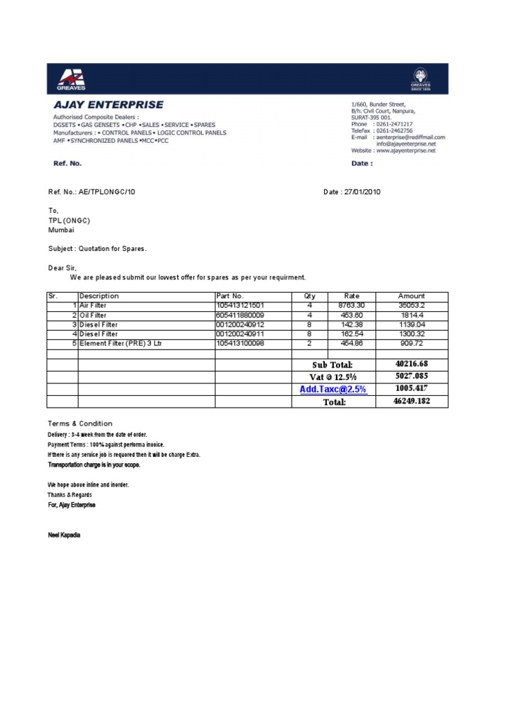 Quotation for TPL Spare Parts | PDF