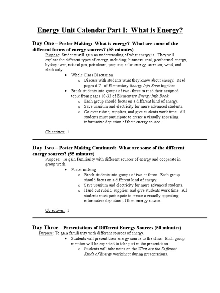 Energy Unit Calendar Part I: What Is Energy?: Day One | Download Free ...