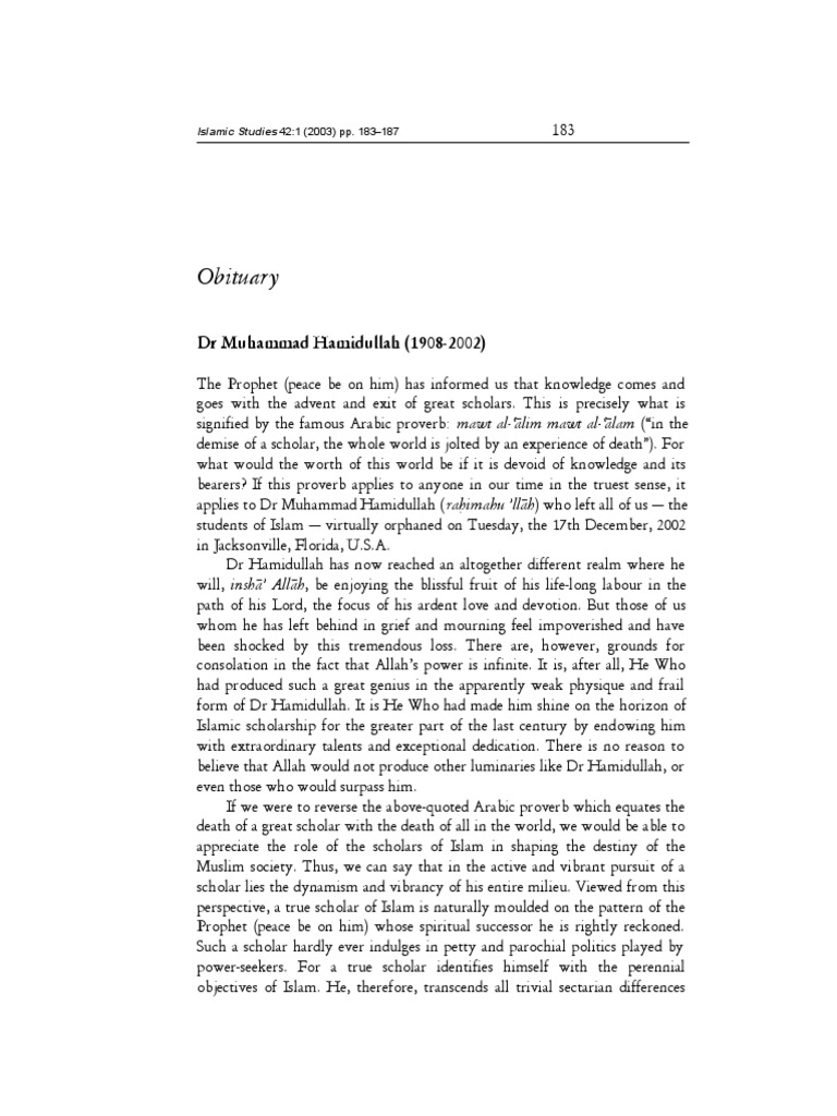 Obituary: DR Muhammad Hamidullah (1908-2002) | PDF | Abrahamic ...