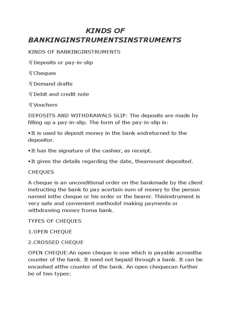 Kinds of Bankinginstinstruments | PDF | Cheque | Debits And Credits