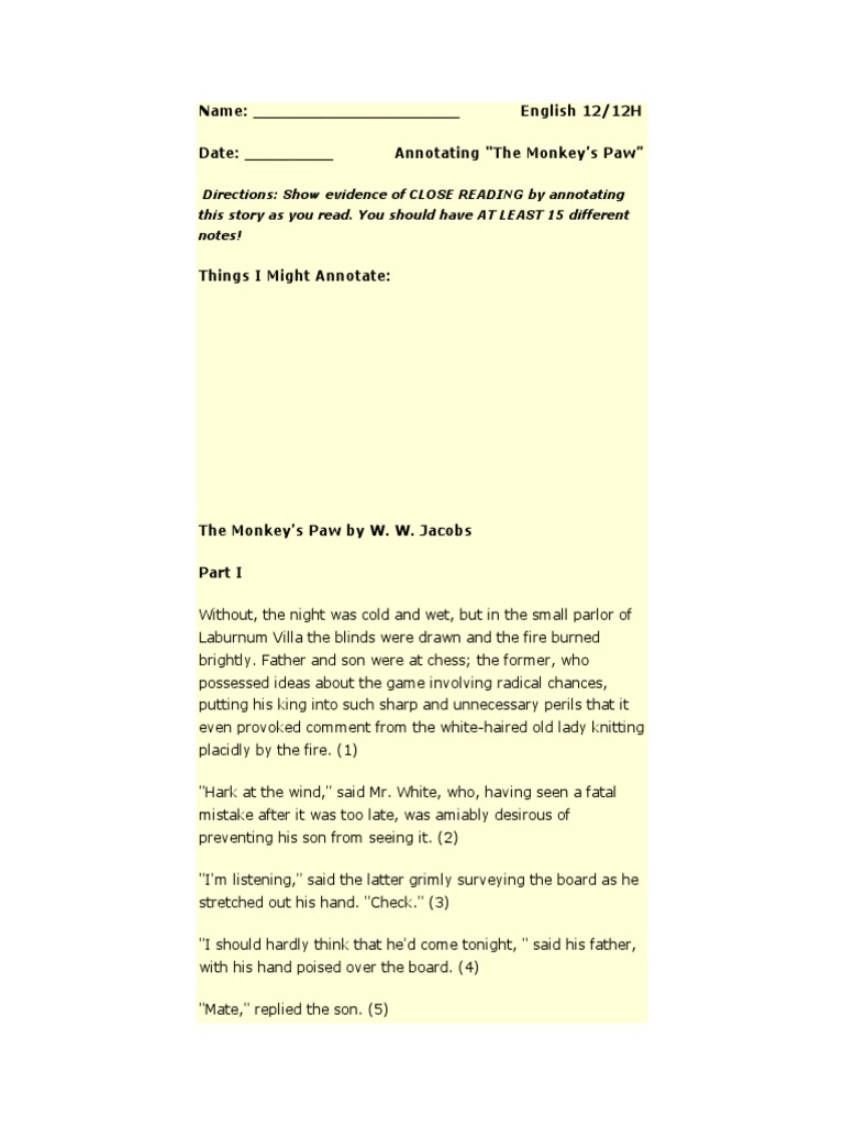 Annotations for "The Monkey's Paw" | PDF