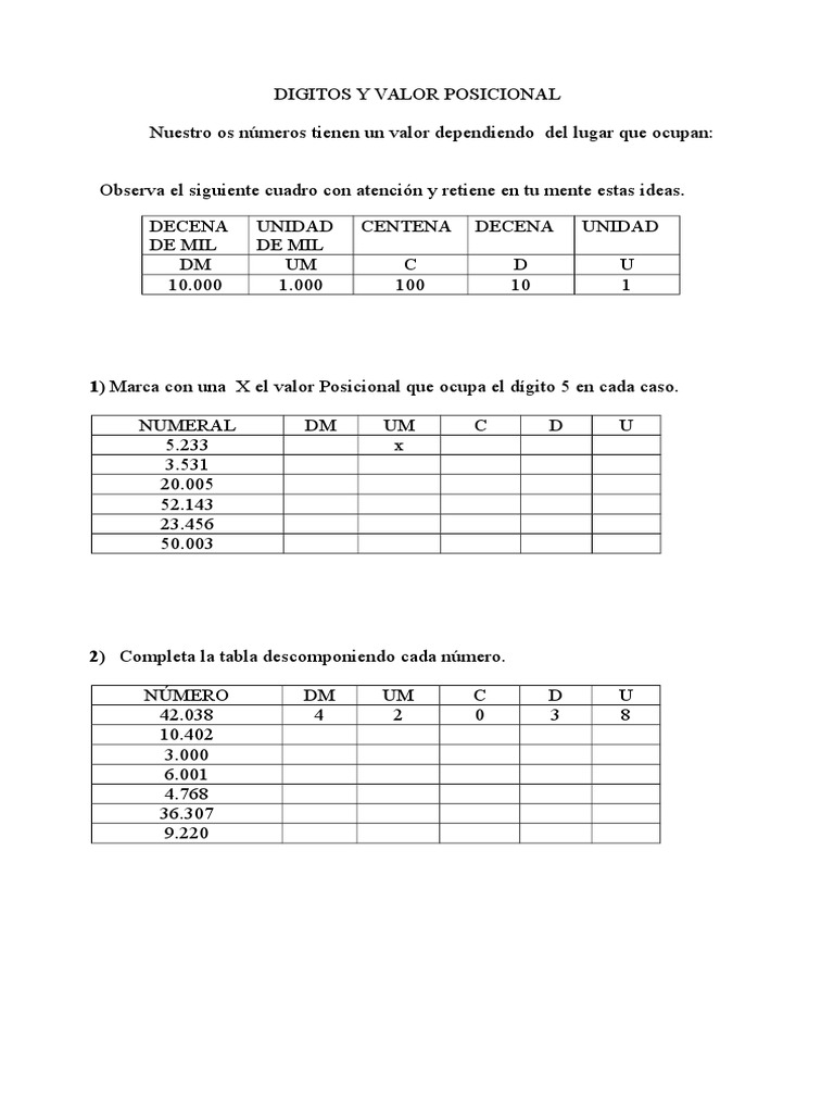 Digitos y Valor Posicional Guia 16 | PDF