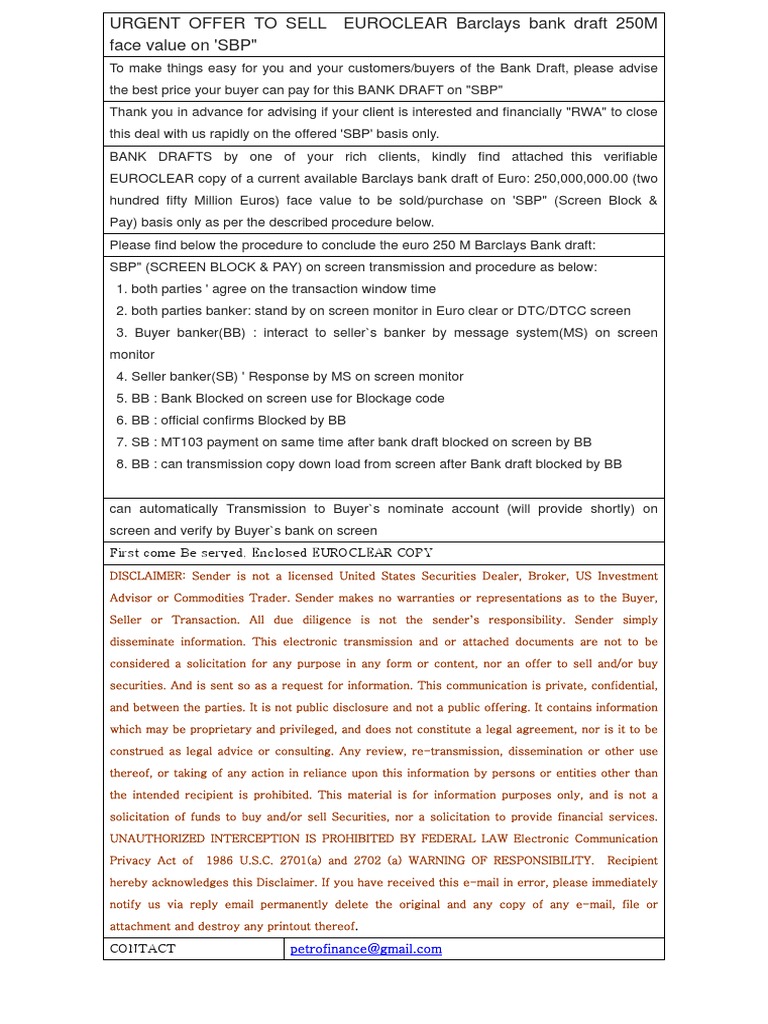 Baclays Bank Draft 250m Sell Proposal | PDF | Barclays | Email