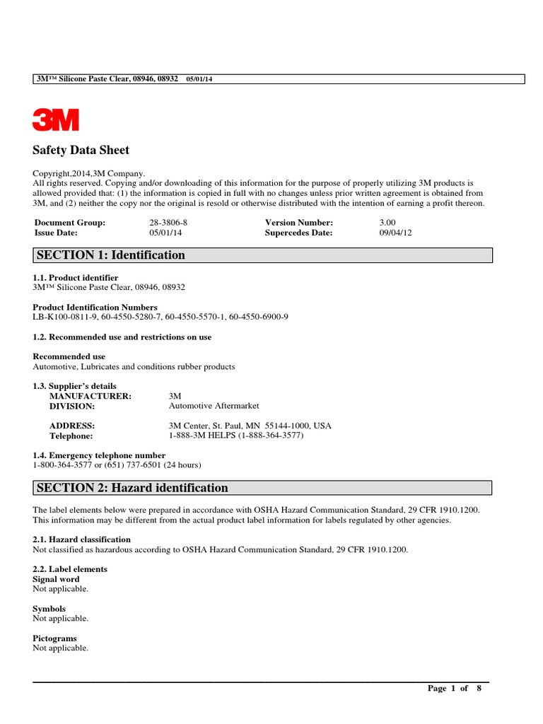 3M™ Silicone Paste Clear, 08946, 08932 | PDF | Toxicity | Volatile ...