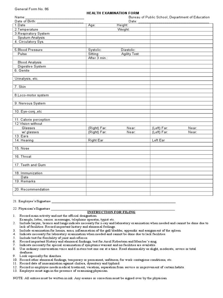 General Form No 86 Health Examination | PDF | Hearing Loss | Blood Pressure