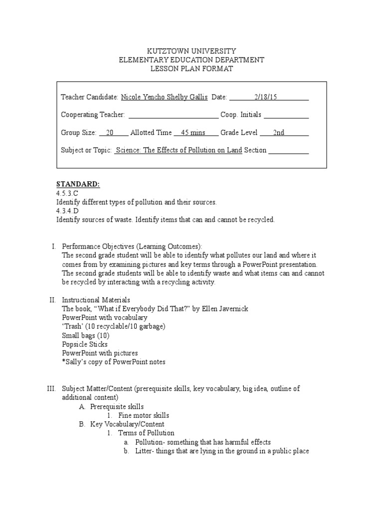 Eeu205 Lesson Plan For Day 1 The Effects of Pollution On Land | PDF ...