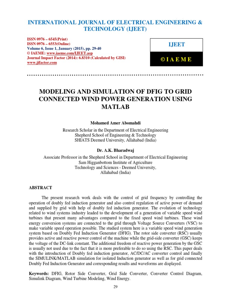 Modeling And Simulation Of Dfig To Grid Connected Wind Power Generation Using Matlab Pdf