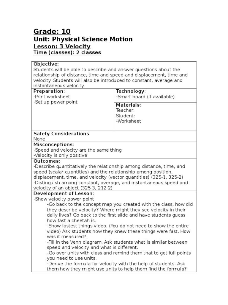 Lesson Plan 3 | PDF | Velocity | Speed