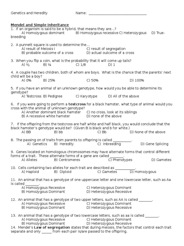 Review Questions For Genetics and Heredity Test | PDF | Zygosity ...