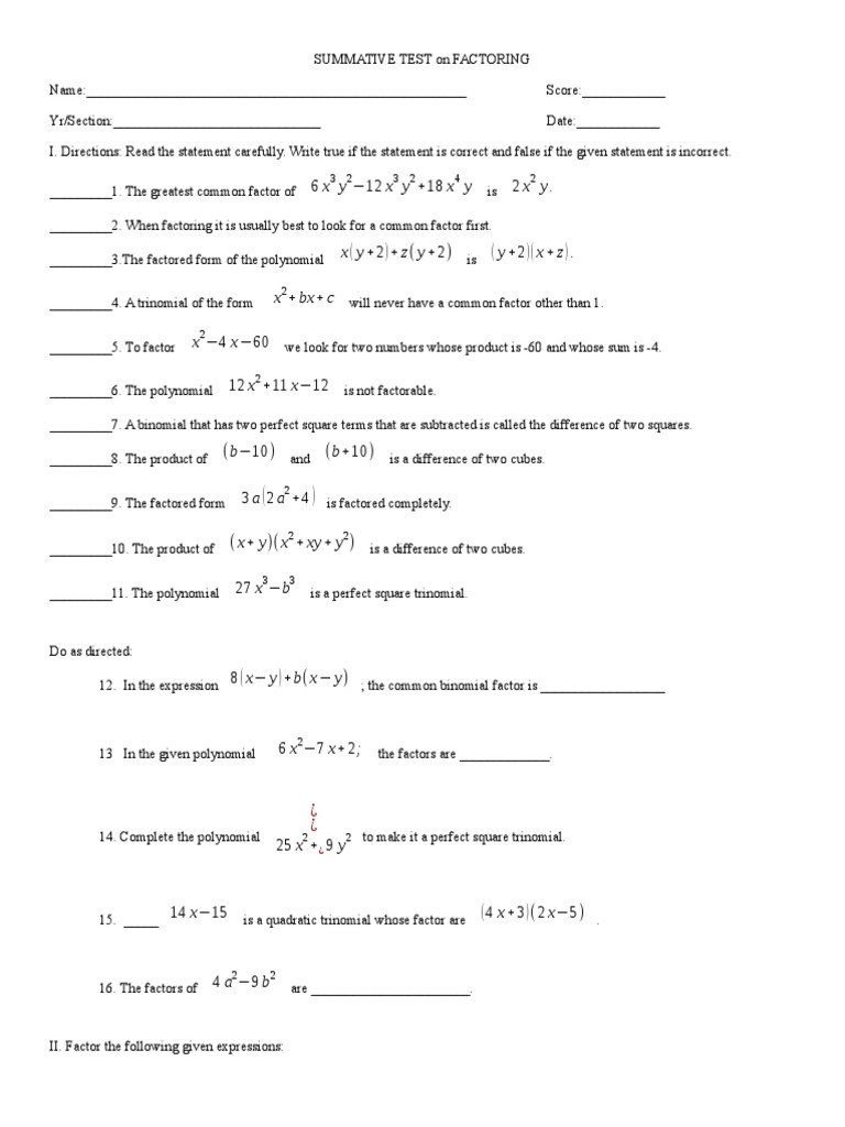 Summative Test in Factoring | PDF | Factorization | Numbers