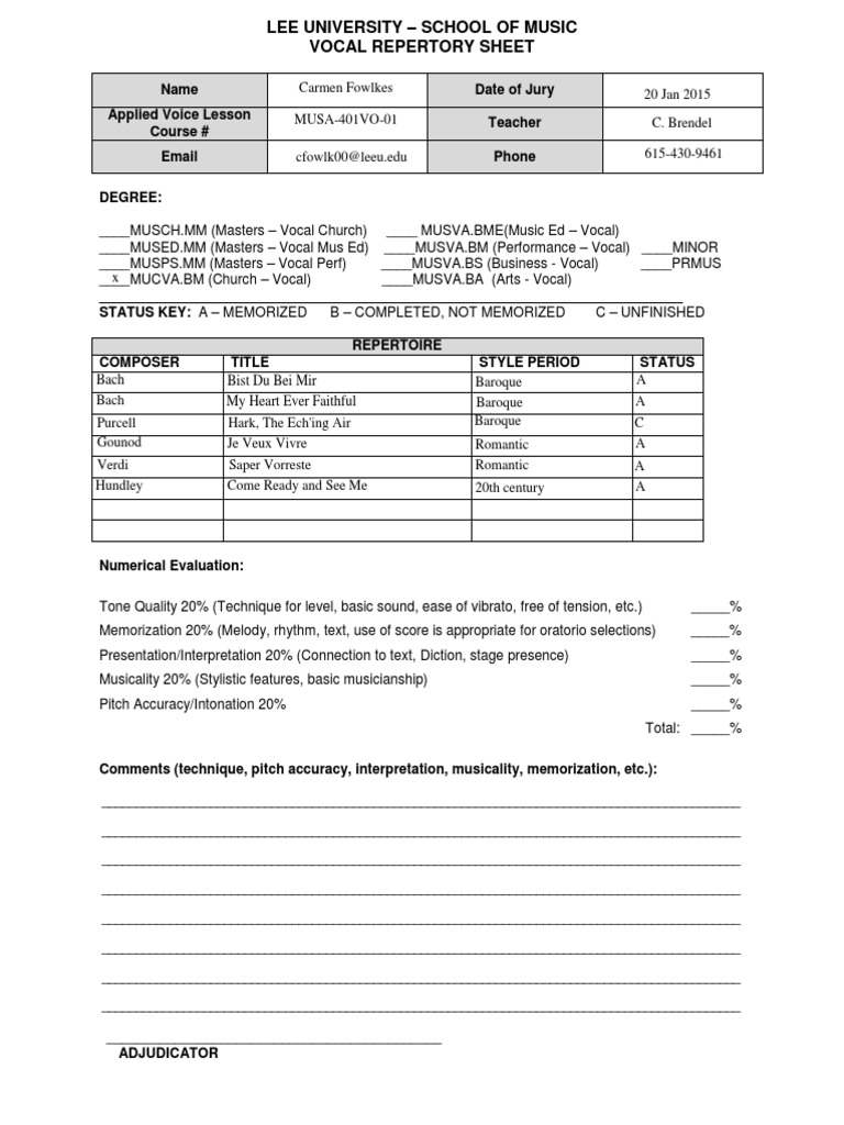 Vocal Jury Sheet | Elements Of Music | Entertainment