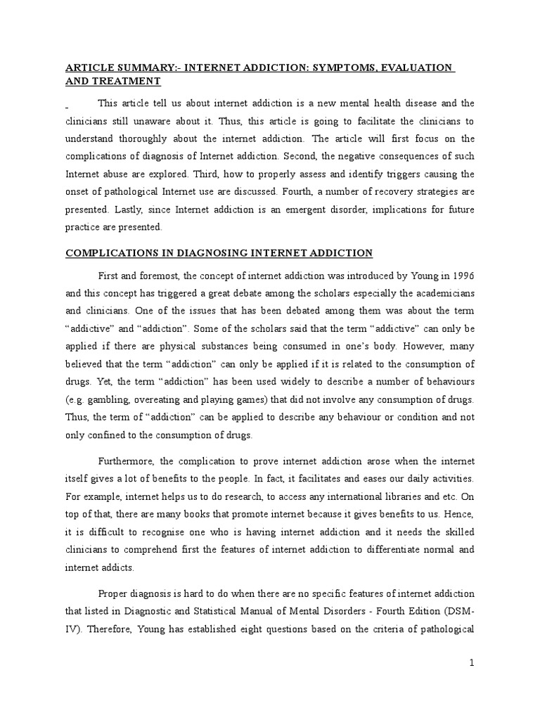 ARTICLE SUMMARY-Internet Addiction | PDF | Substance Dependence ...