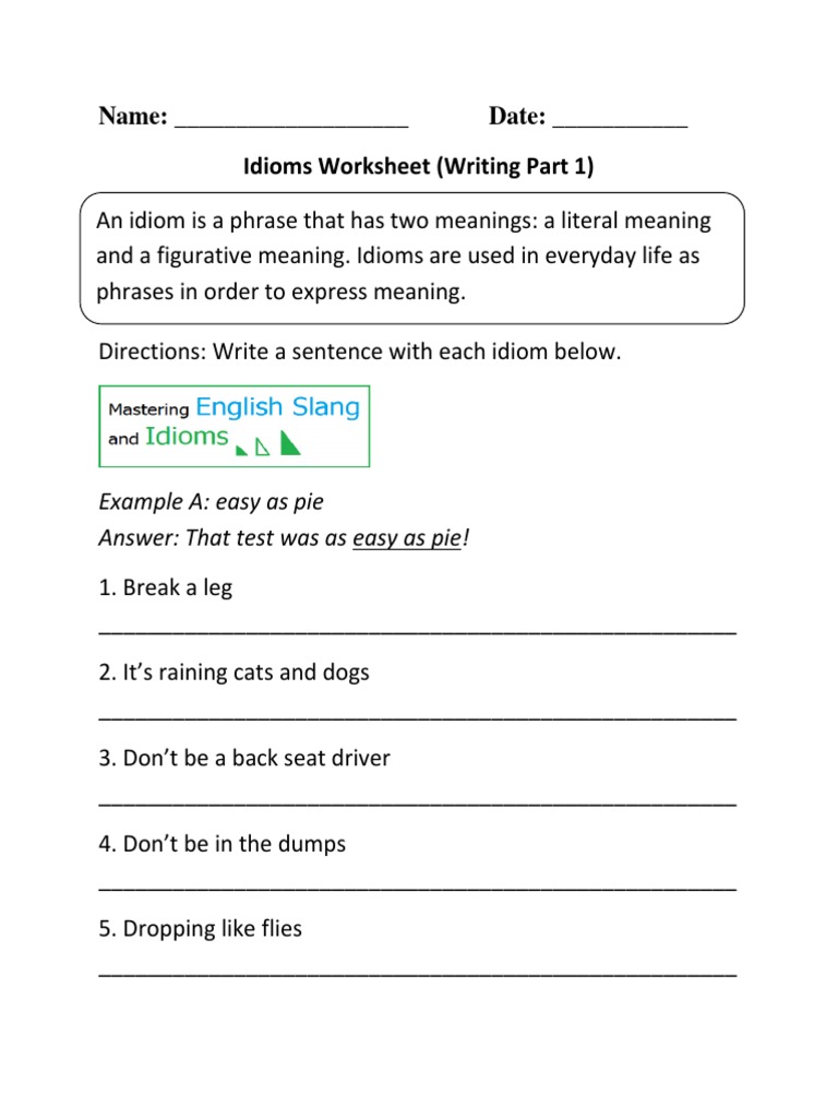 Class 5 Idioms Worksheet | PDF | Career & Growth | Language Arts ...