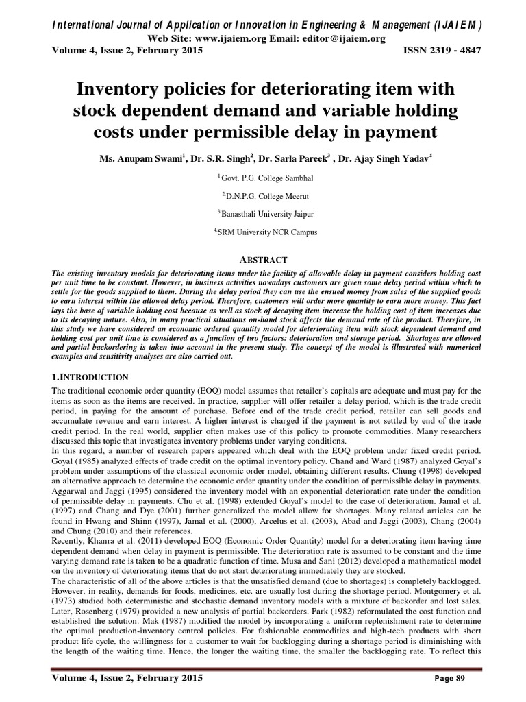 Inventory Policies For Deteriorating Item With Stock Dependent Demand ...