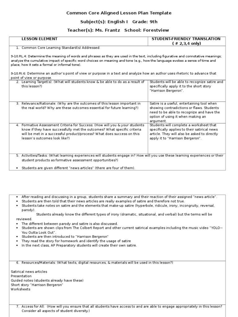 Satire Lesson Plan for "Harrison Bergeron" | PDF | Satire | Common Core ...