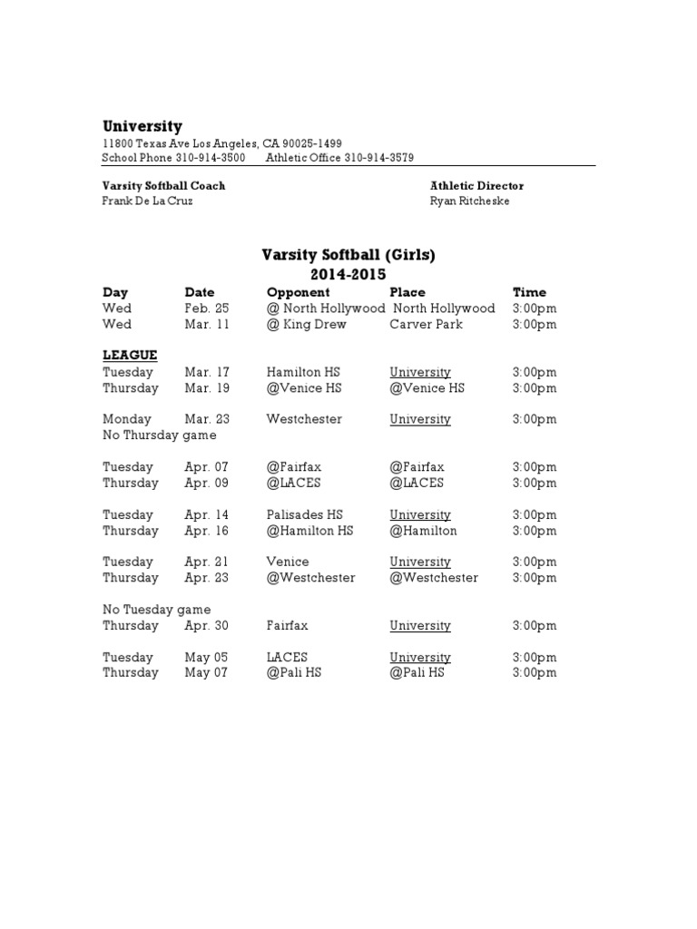 University Varsity Softball Schedule 2015 | PDF