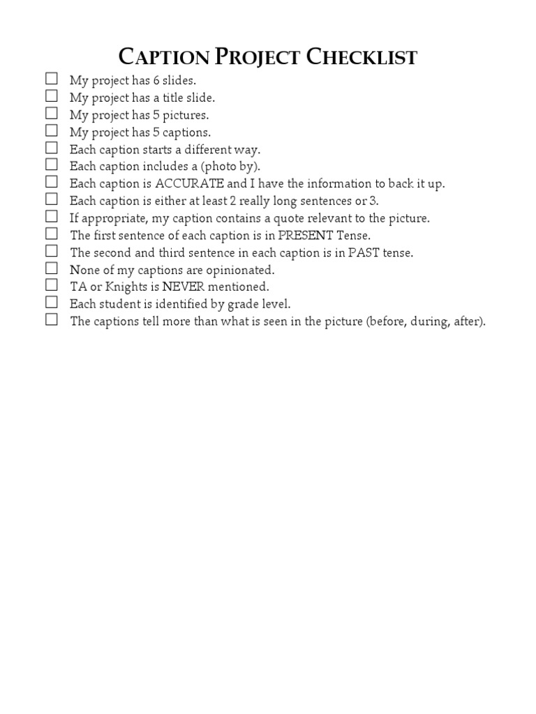 Caption Project Checklist | PDF | Sports & Recreation | Language Arts ...