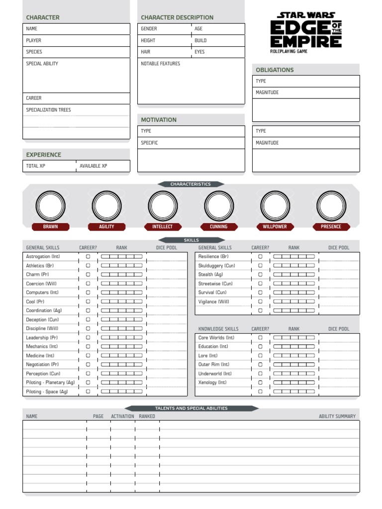 EotE Character Sheet | PDF | Role Playing | Leisure Activities