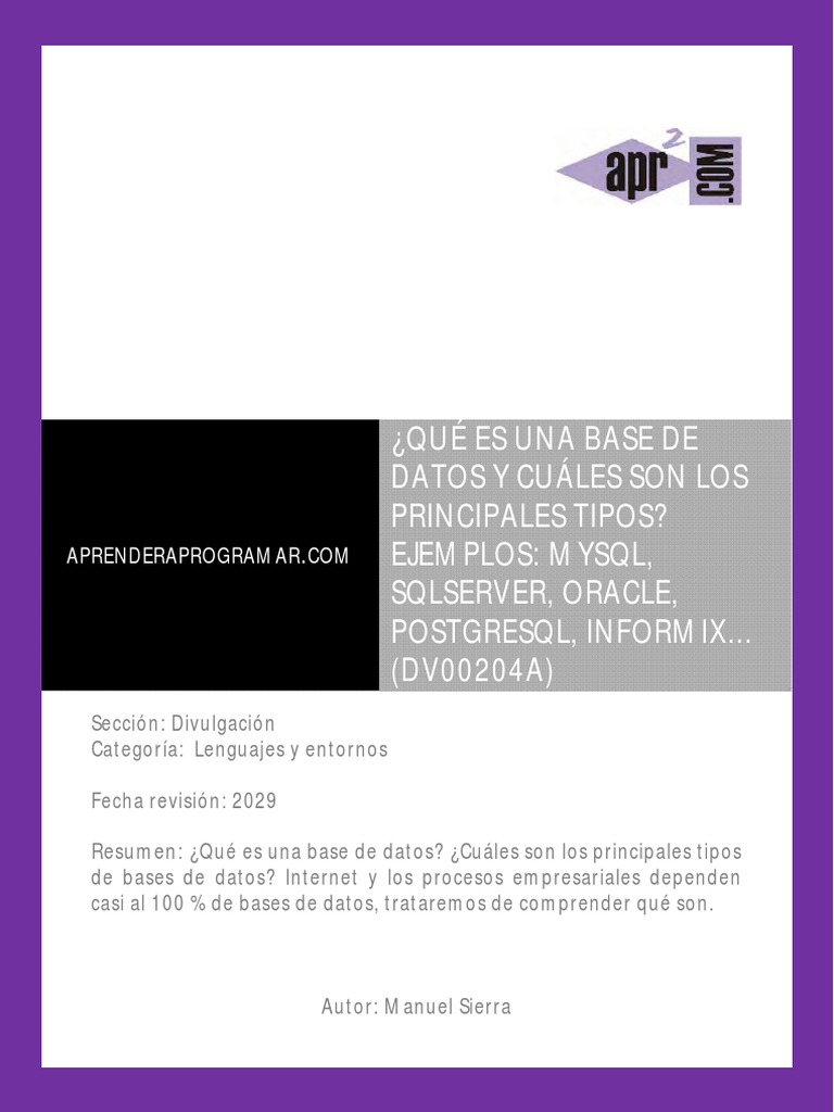 Que Es Base de Datos Tipos Mysql Oracle SQL Server Sybase Db2 Post | PDF | Negocios | Tecnología