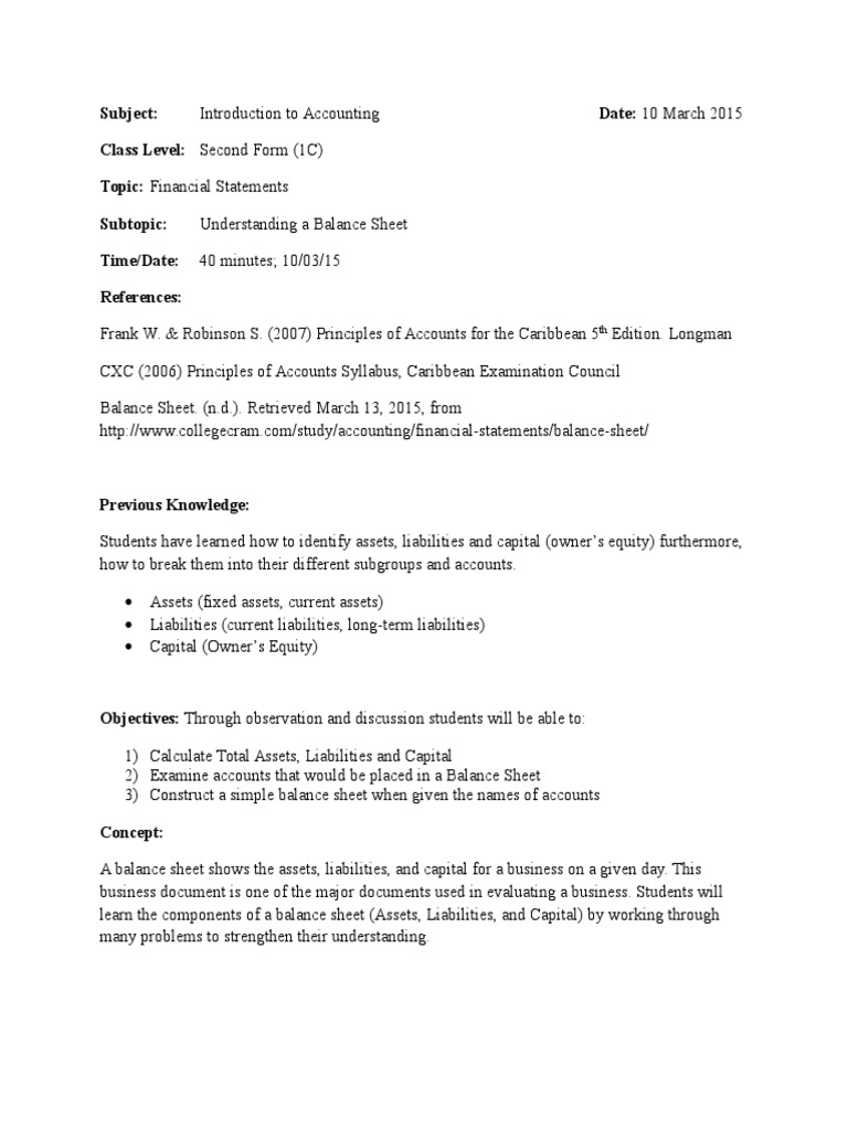 Grade 10 Balance Sheet Lesson Plan | PDF | Balance Sheet | Equity (Finance)