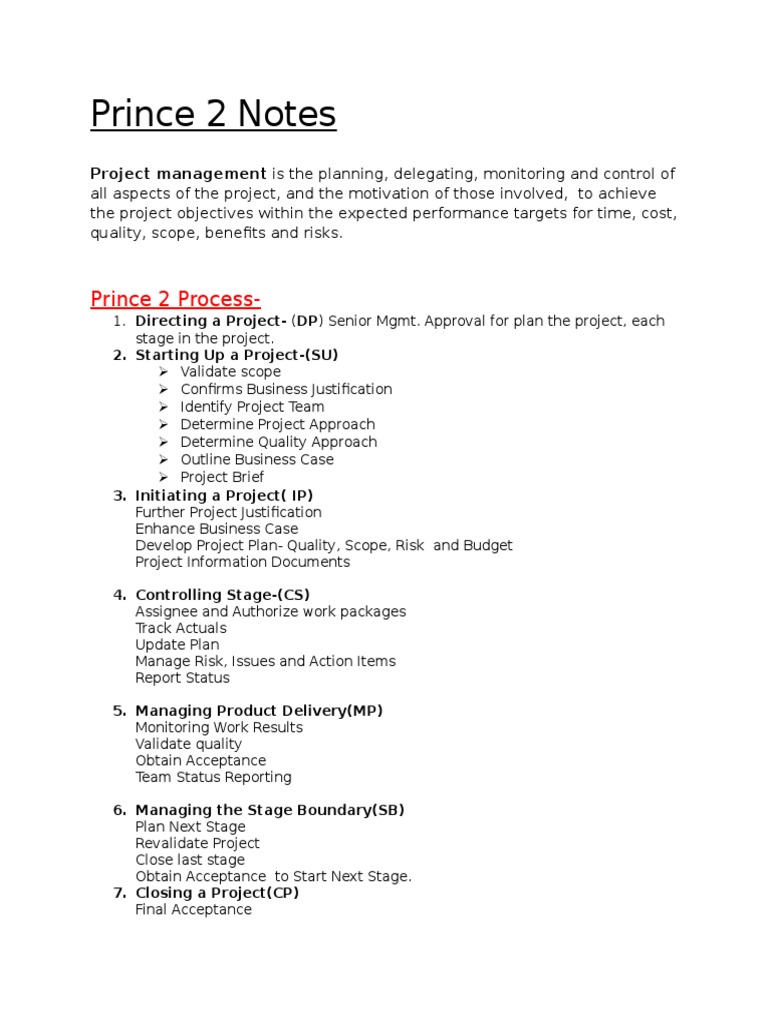 Prince 2 Notes | PDF | Risk | Accountability