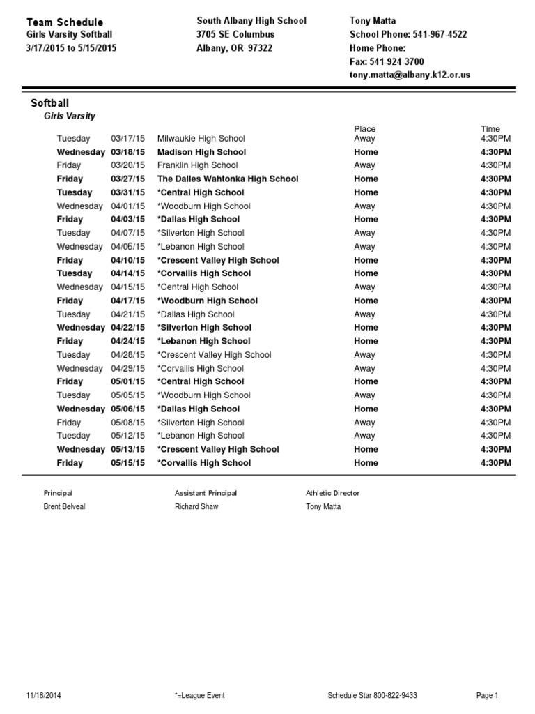 Varsity Softball Schedule | PDF