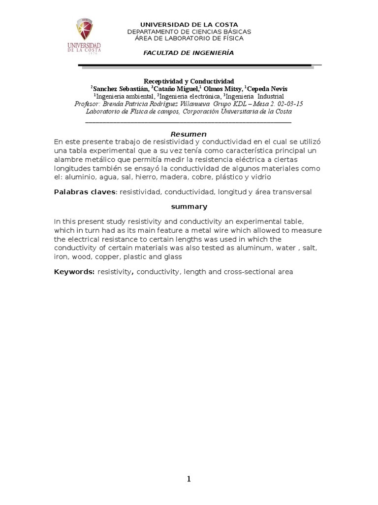 INFORME # 3 Receptividad y Conductividad | PDF | Resistividad Eléctrica ...