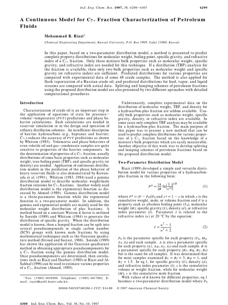 A Continuous Model For C7+ Fraction Characterization | PDF | Petroleum ...