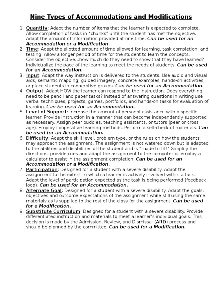 Nine Types of Accommodations and Modifications | PDF | Differentiated ...