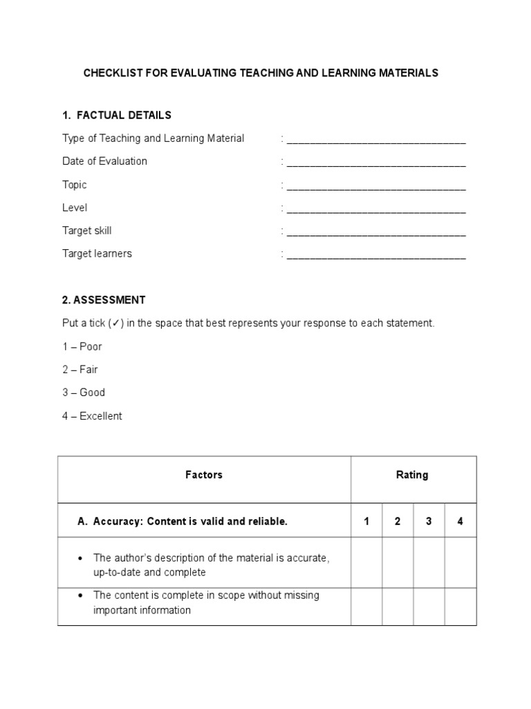Checklist For Evaluating Teaching and Learning Materials | PDF ...