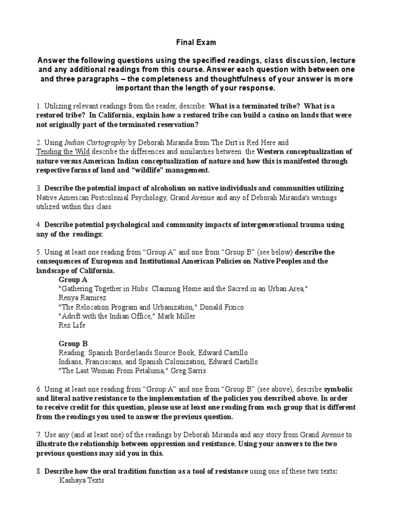 Final Exam For Introduction To Native American Studies | PDF | Native ...