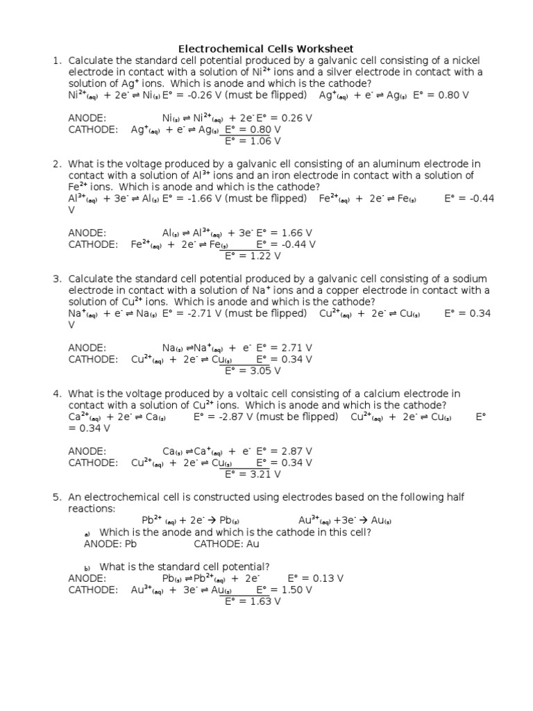 Electrochemical Cells Worksheet Answers | PDF | Electrochemistry | Anode