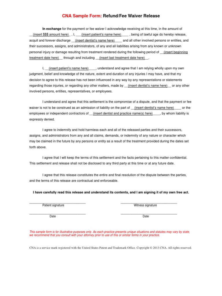 Refund-Fee Waiver Release Template | Indemnity | Civil Law (Legal System)