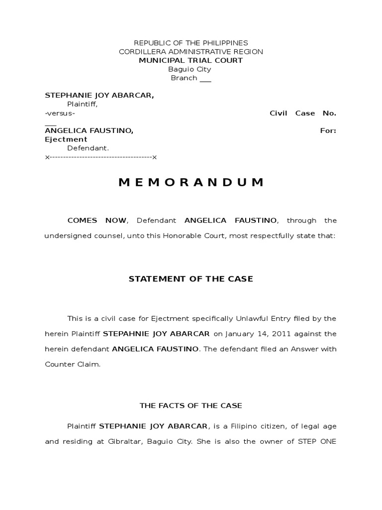 Memorandum Ejectment | PDF | Lease | Lawsuit