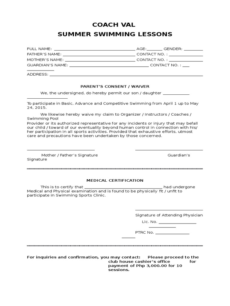 Coach Val Summer Swimming Lessons: Parent'S Consent / Waiver | PDF