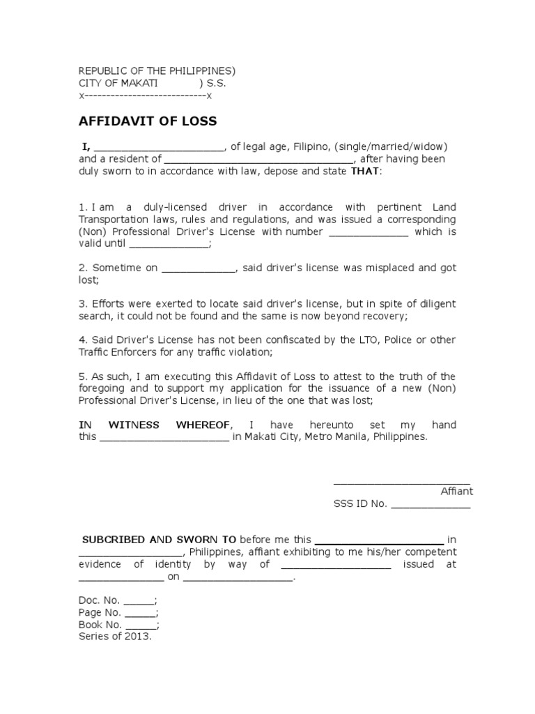 Affidavit of Loss - Driver's License