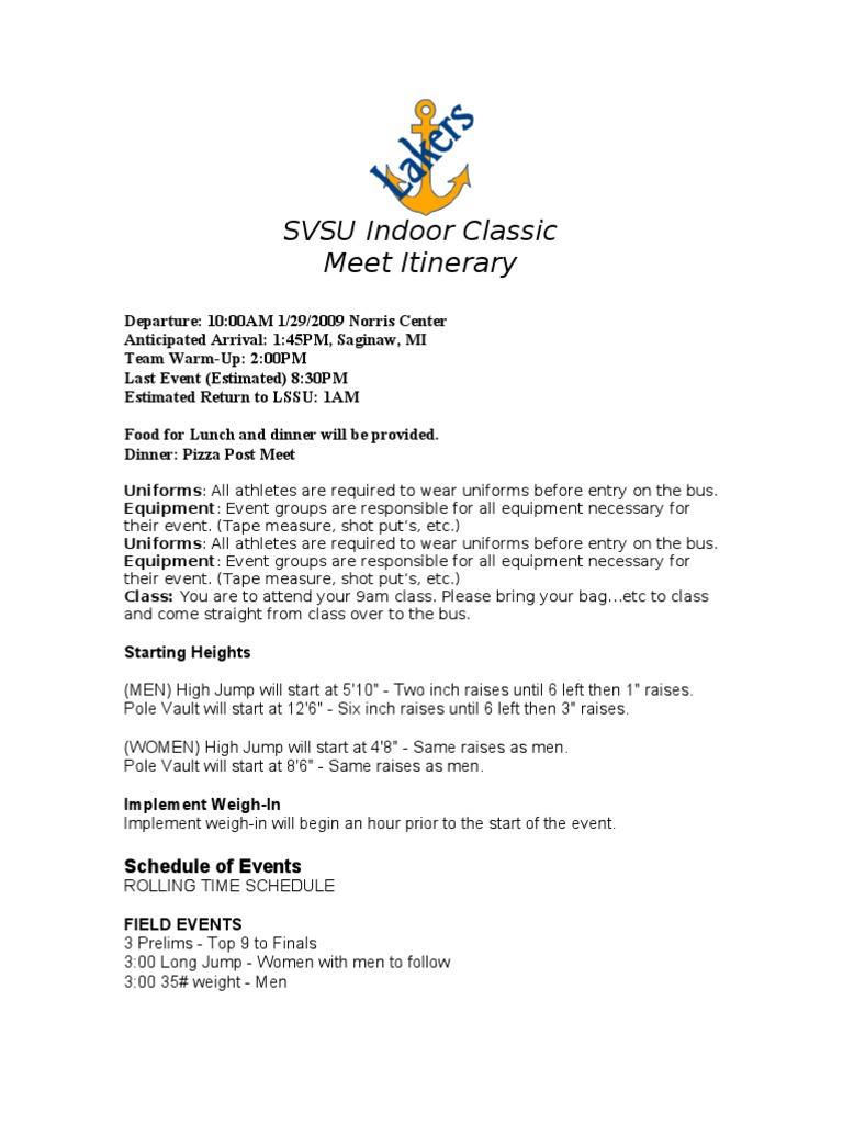 SVSU Indoor Classic Meet Itinerary | PDF | Track And Field | Hobbies