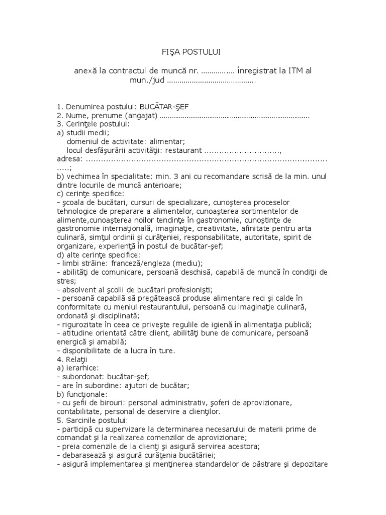3.3.2. Fisa de Post - Bucatar-Sef | PDF
