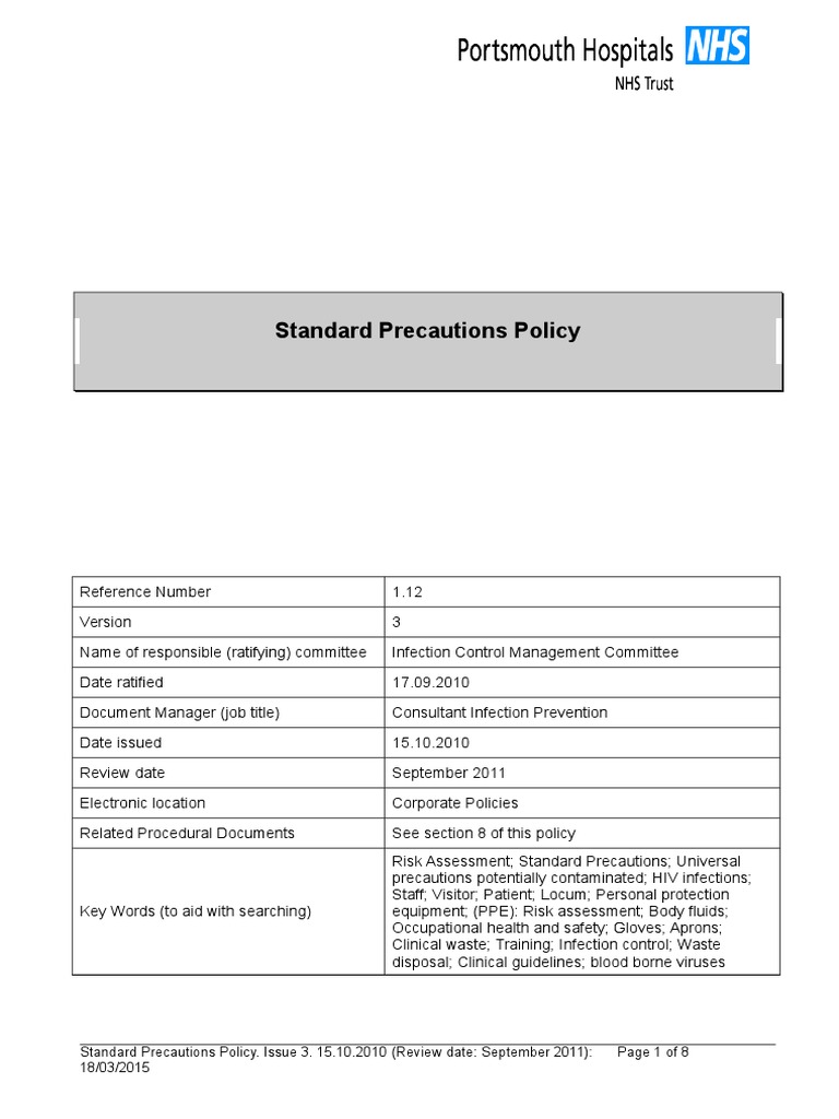 Standard Precautions Policy | PDF | Personal Protective Equipment ...