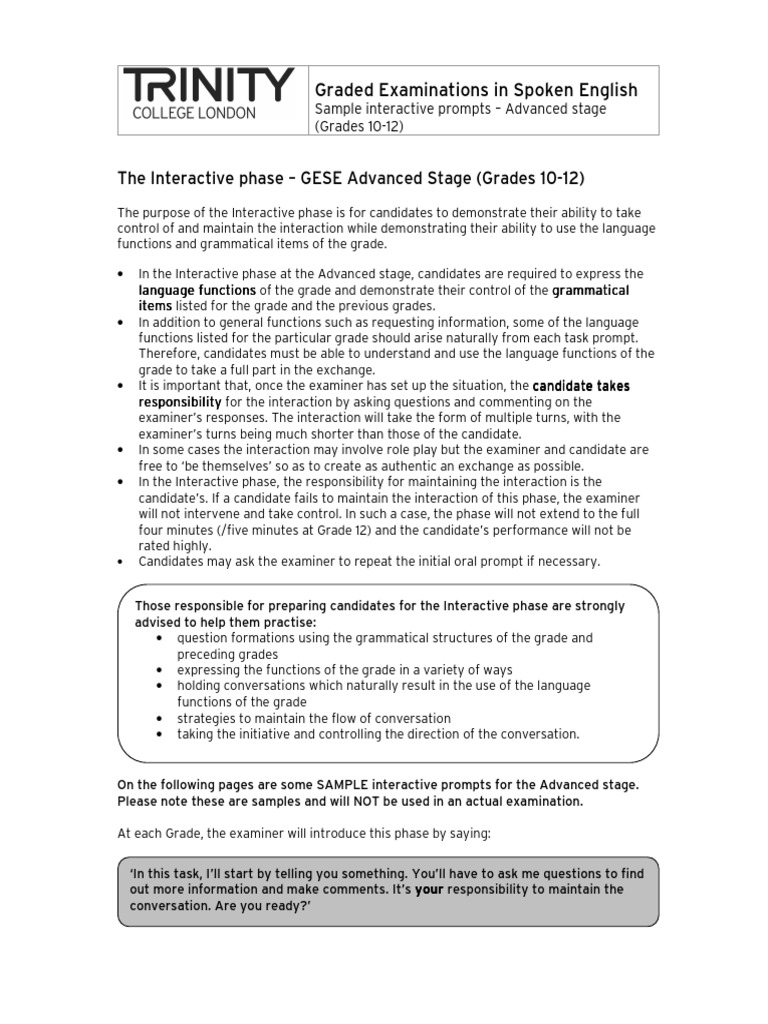 Trinity GESE Sample Advanced Interactive Prompts (Grades 10-12) | PDF