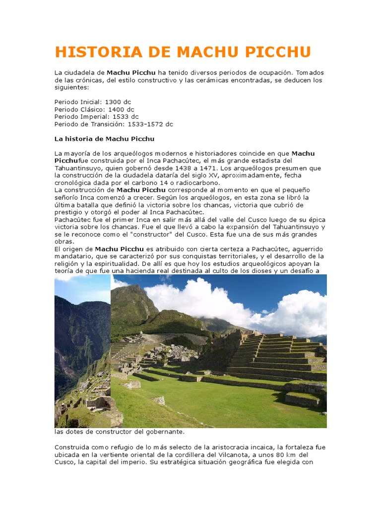 Historia de Machu Picchu | PDF | Imperio Inca | Machu Picchu