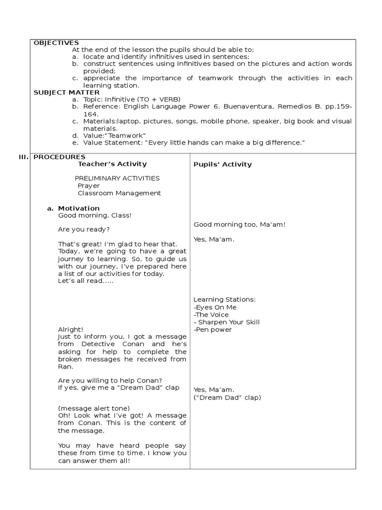 Infinitive - Lesson Plan Gr.6 | PDF | Phrase | Verb