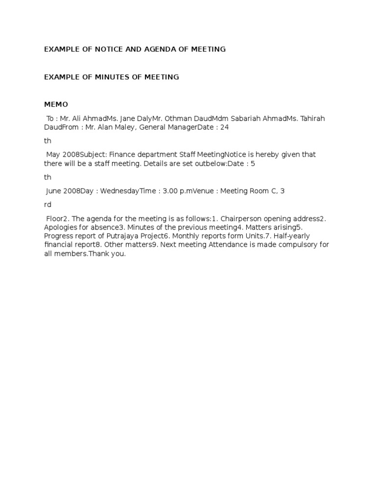 Example of Notice and Agenda of Meeting | Chairman | Board Of Directors