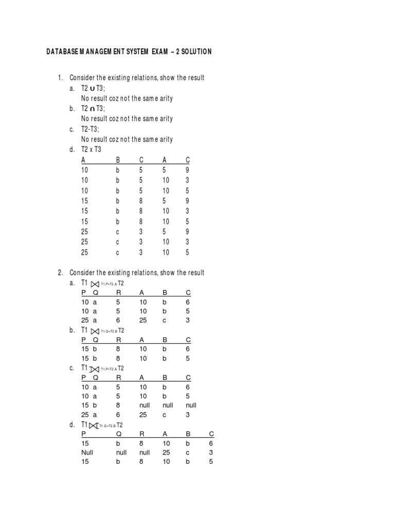 Analysis of Database Management System Exam Solutions on Relational Algebra, Tuple Relational ...
