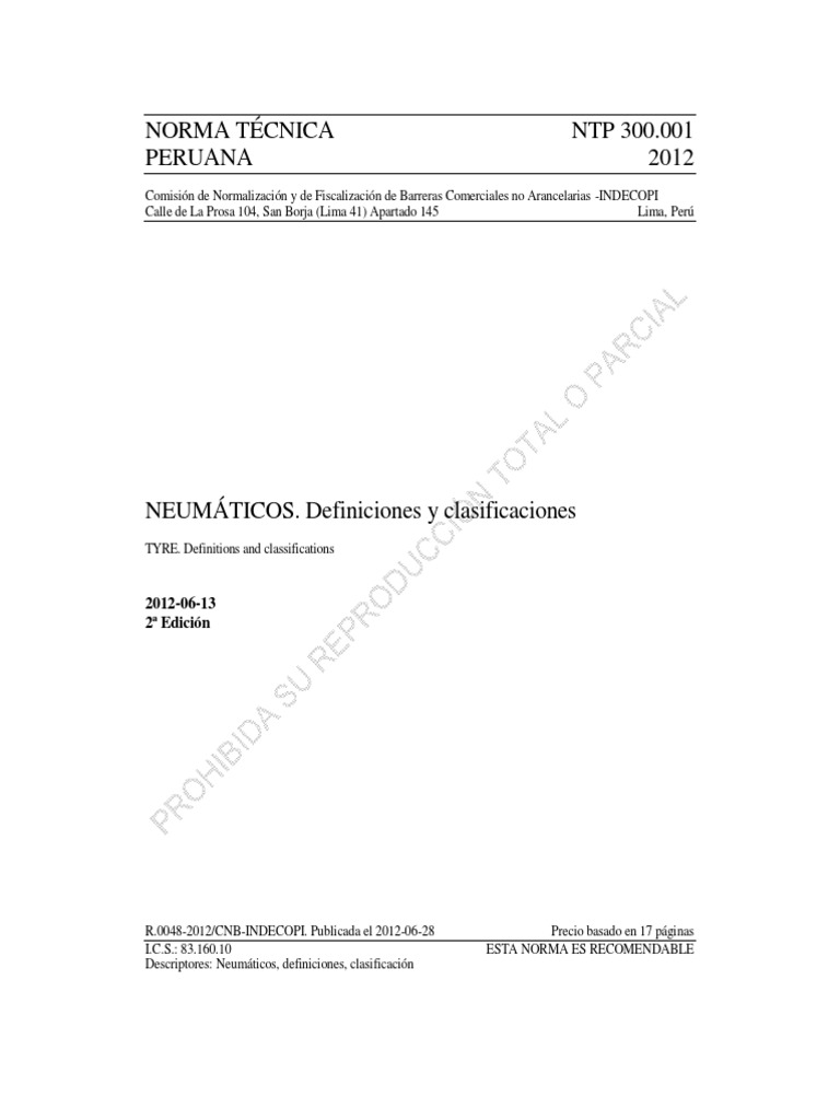 NTP 300.001: Neumáticos y Clasificaciones | PDF | Pulgada | Neumático